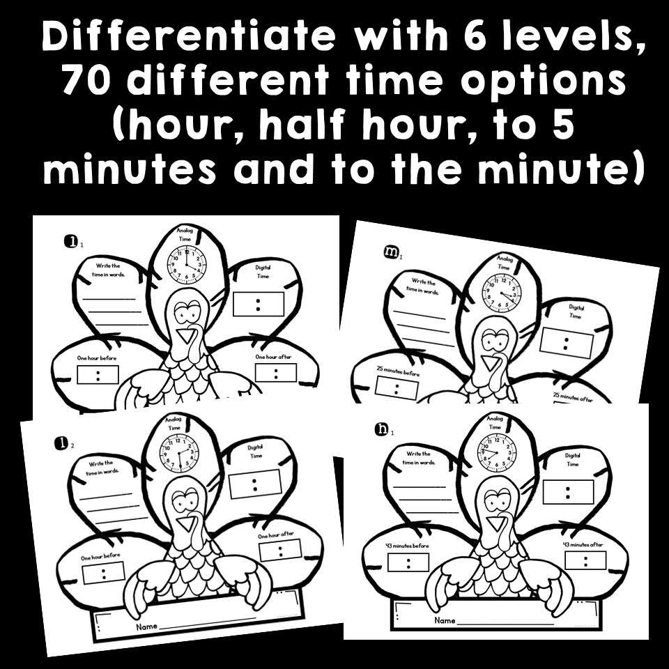 Telling Time and Elapsed Time Activity | Thanksgiving Fall Turkey Math ...