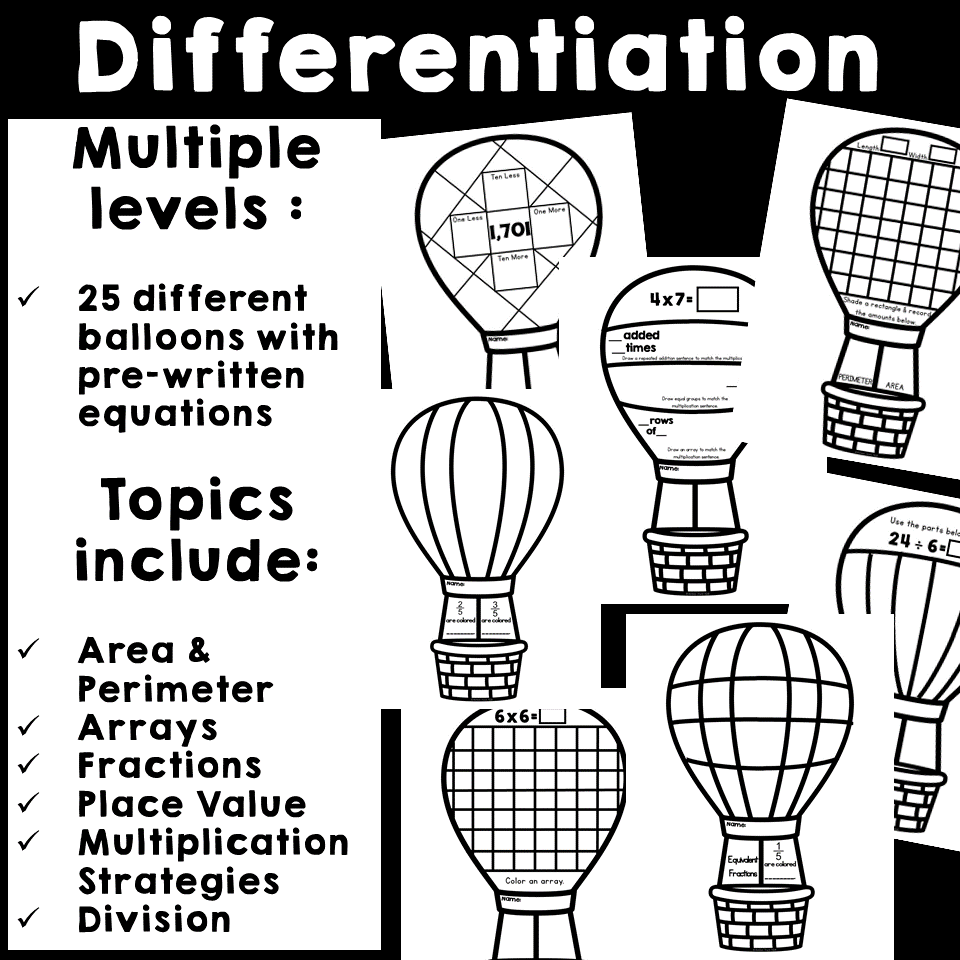 3rd Grade Math Craft Review Activities | Hot Air Balloon Theme | Made ...