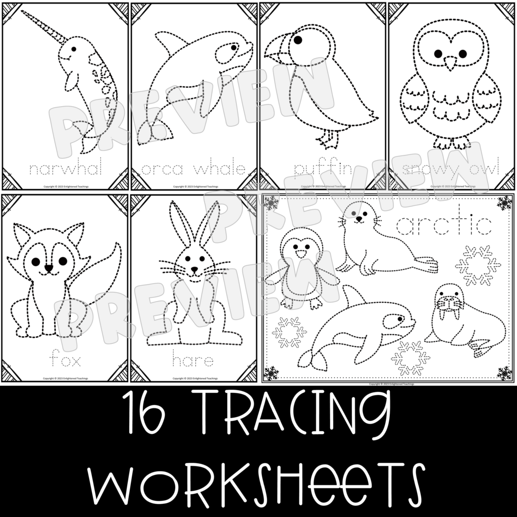 Arctic Animal Tracing Worksheets Fine Motor Activity, Winter Prewriting ...