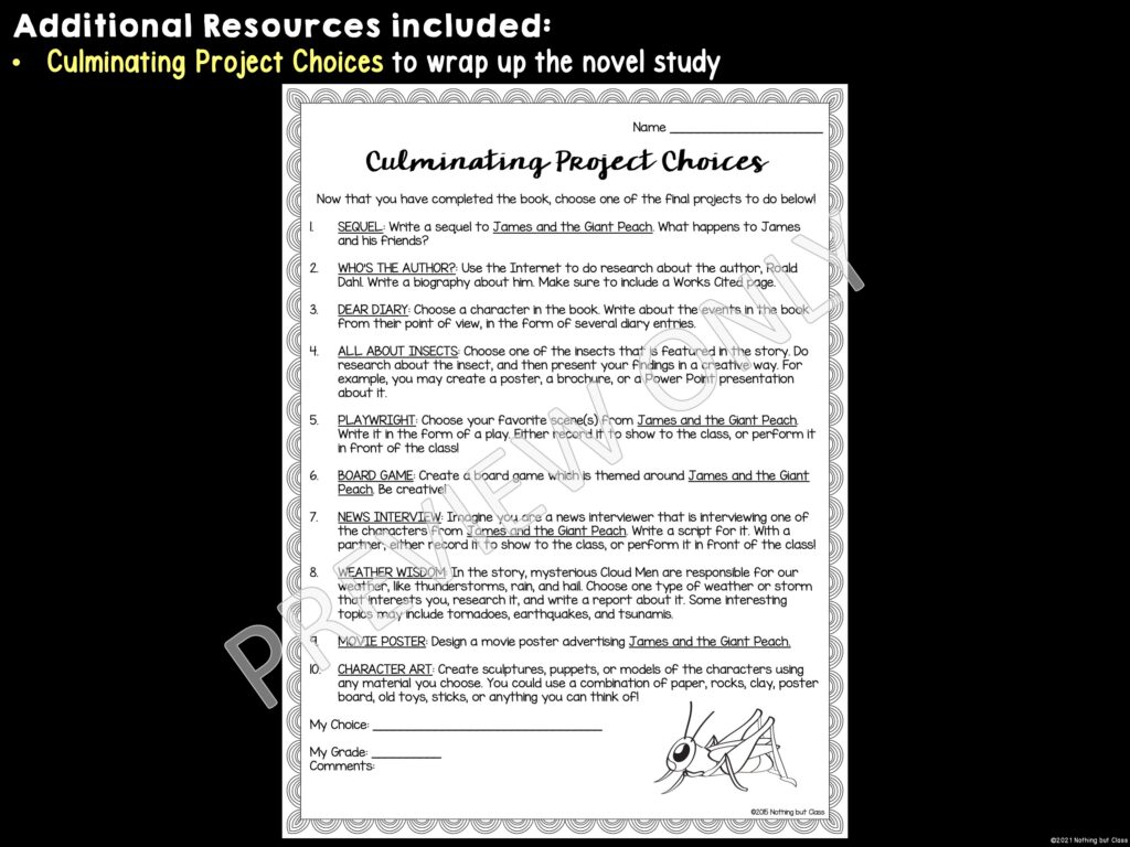 James and the Giant Peach Novel Study | Comprehension and Vocabulary ...