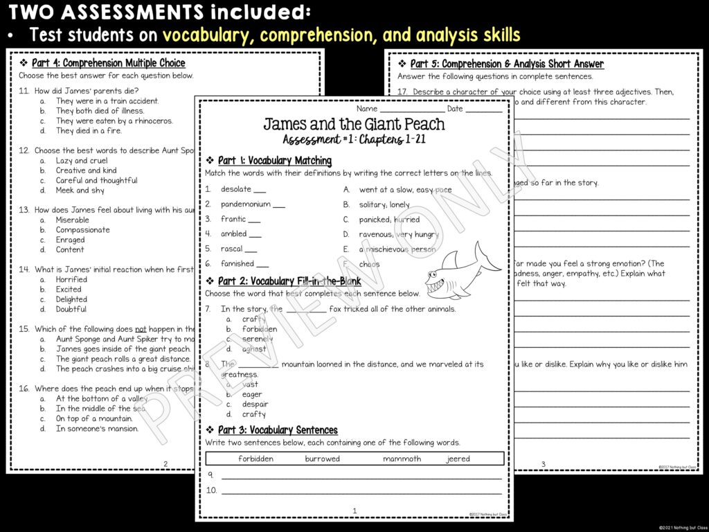James and the Giant Peach Novel Study | Comprehension and Vocabulary ...