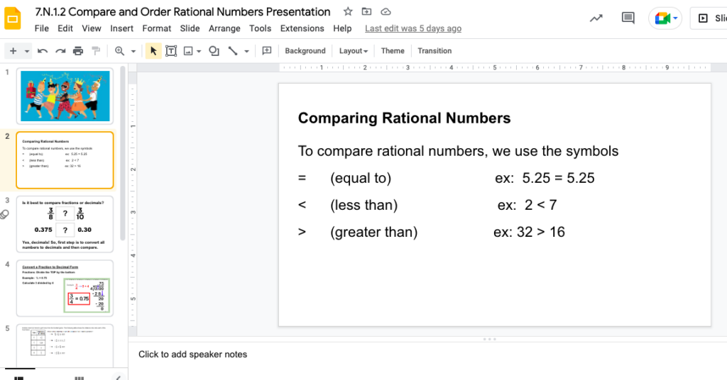 7th Math Lesson - Compare and Order Rational Numbers 7.N.1.2 OAS | Made ...