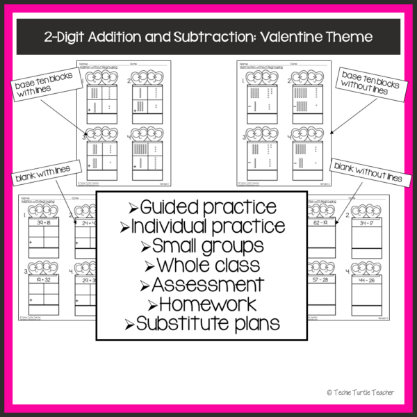 2-Digit Addition & Subtraction Using Base Ten Blocks - Valentine's Day ...