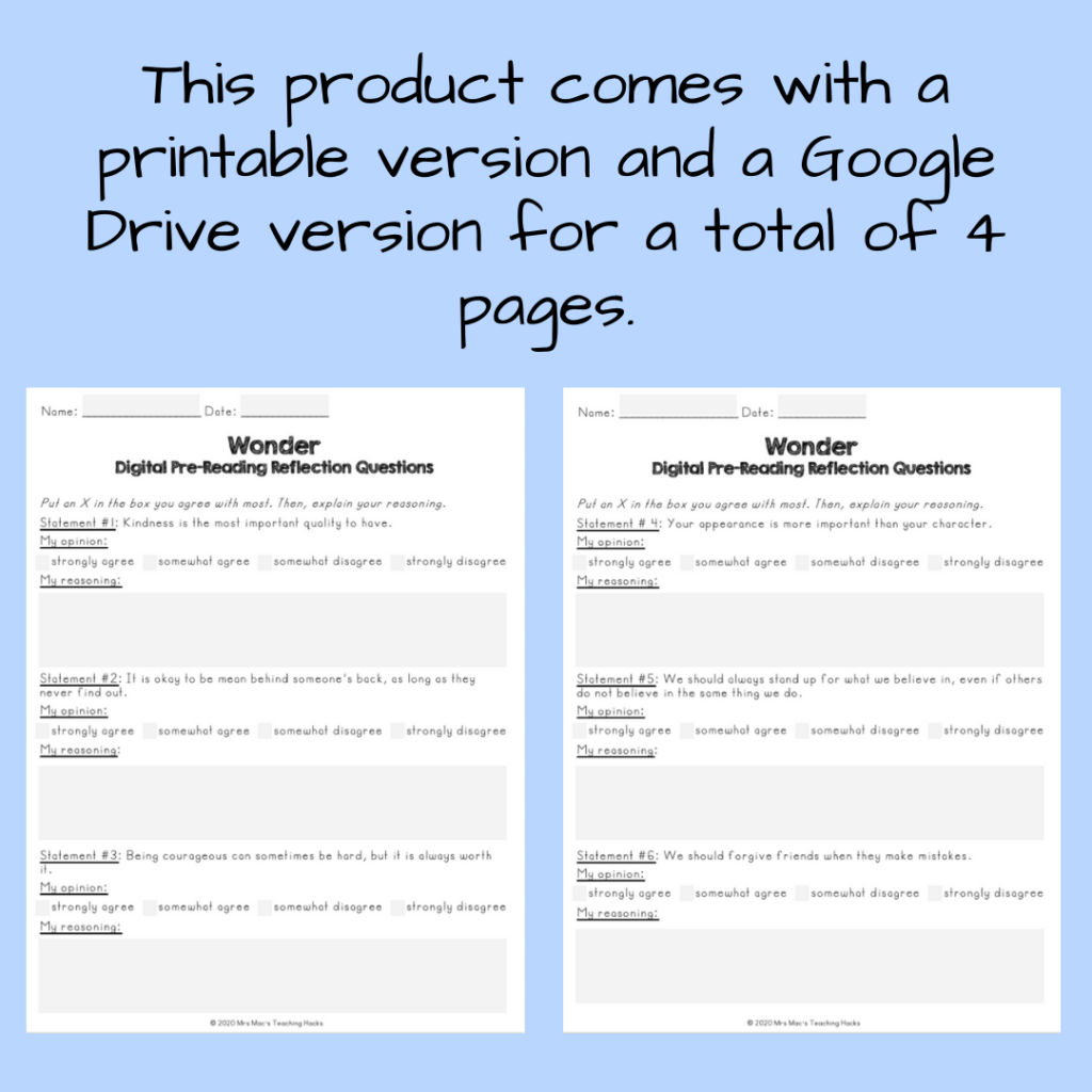 Wonder Pre-Reading Reflections | Made By Teachers