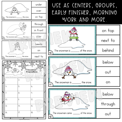 Snowman Prepositions Clip Cards Task Cards Positional Words Winter ...