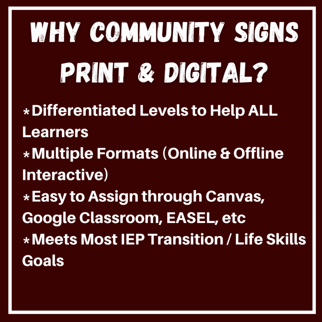 Community Signs Functional Life Skills Literacy PLUS Task Cards Level 3 ...