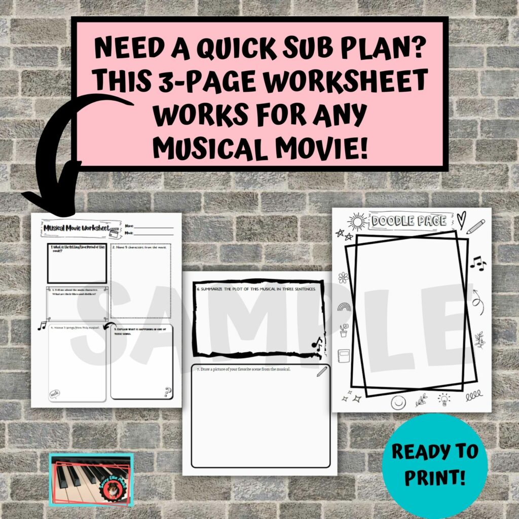 Musical Movie Worksheet- 3 pages to accompany ANY musical! Great Sub ...