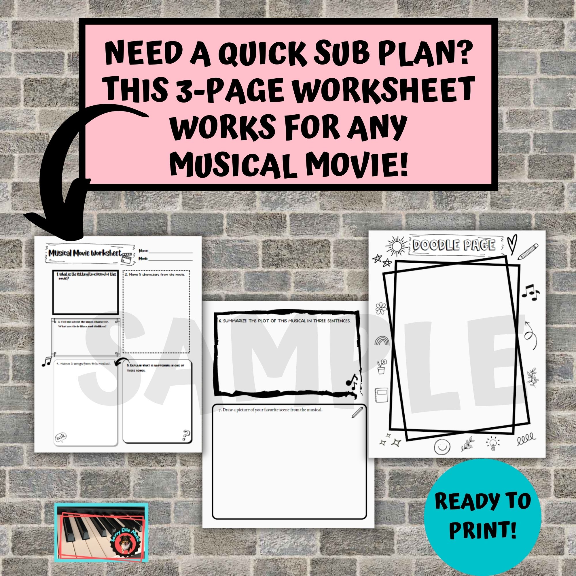 Musical Movie Worksheet- 3 pages to accompany ANY musical! Great Sub ...