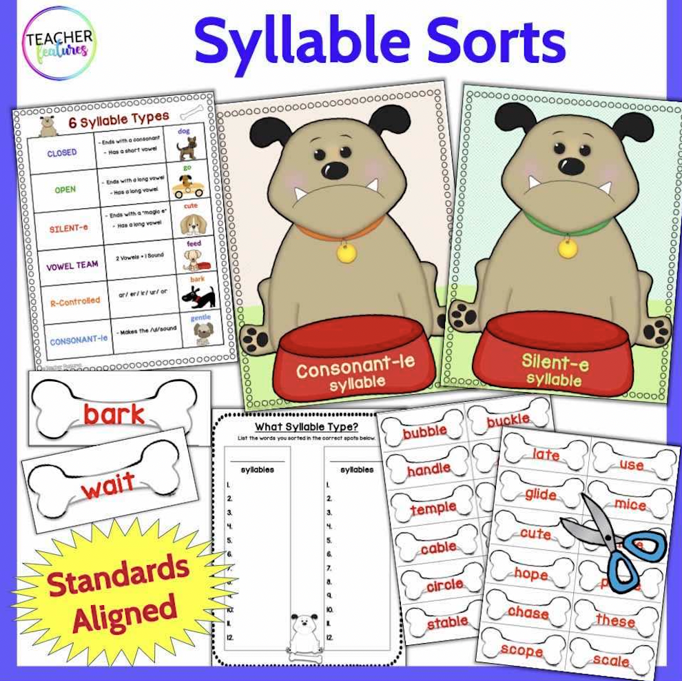 6 SYLLABLE TYPES Word Sort Center DOG THEMED | Made By Teachers