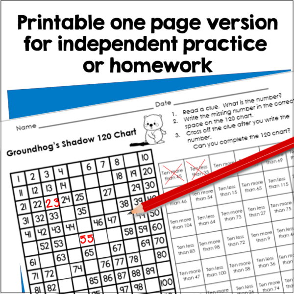 Groundhog Day 120 Chart Math Game and Printable - Ten More Ten Less ...