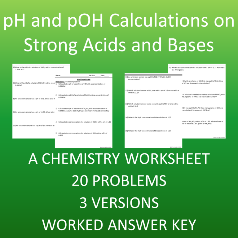Calculations with pH of strong acids and bases: a chemistry worksheet ...