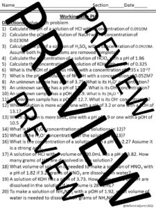 Calculations with pH of strong acids and bases: a chemistry worksheet ...
