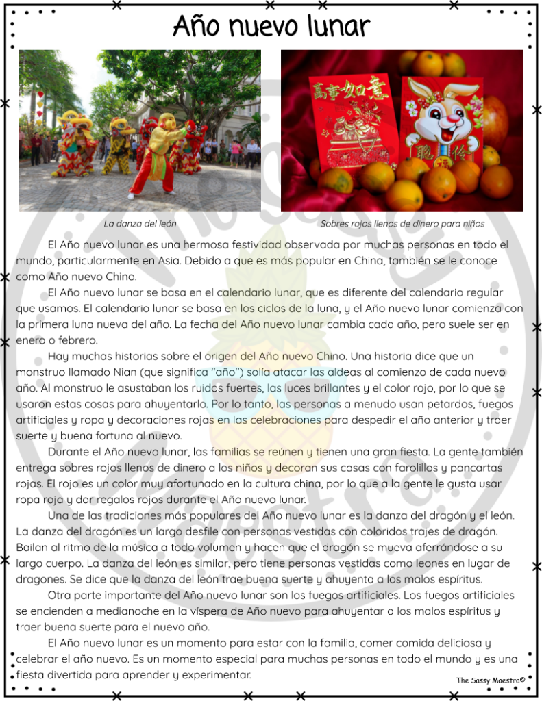 Lunar New Year Año nuevo lunar Spanish Reading Passage Print & Digital ...