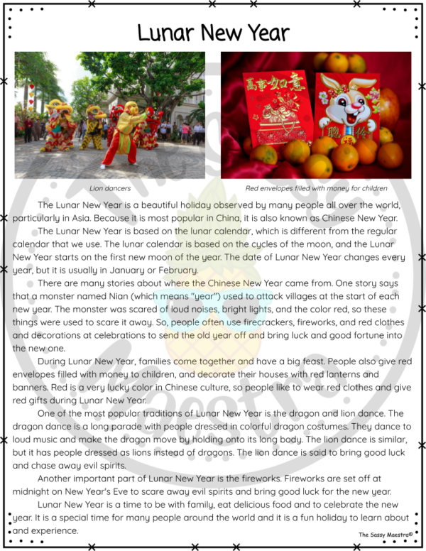 Lunar New Year Año nuevo lunar Reading Passage Bilingual Bundle Spanish ...