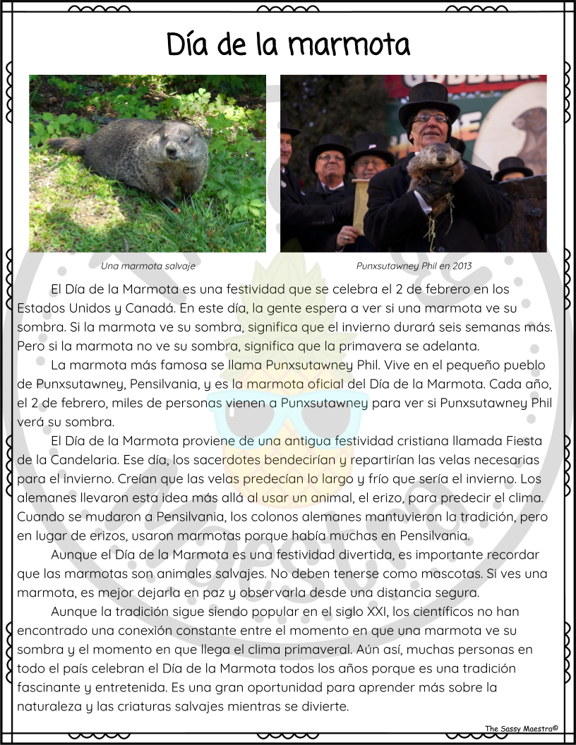 Groundhog Day Día de la Marmota Spanish Reading Passage Print & Digital ...