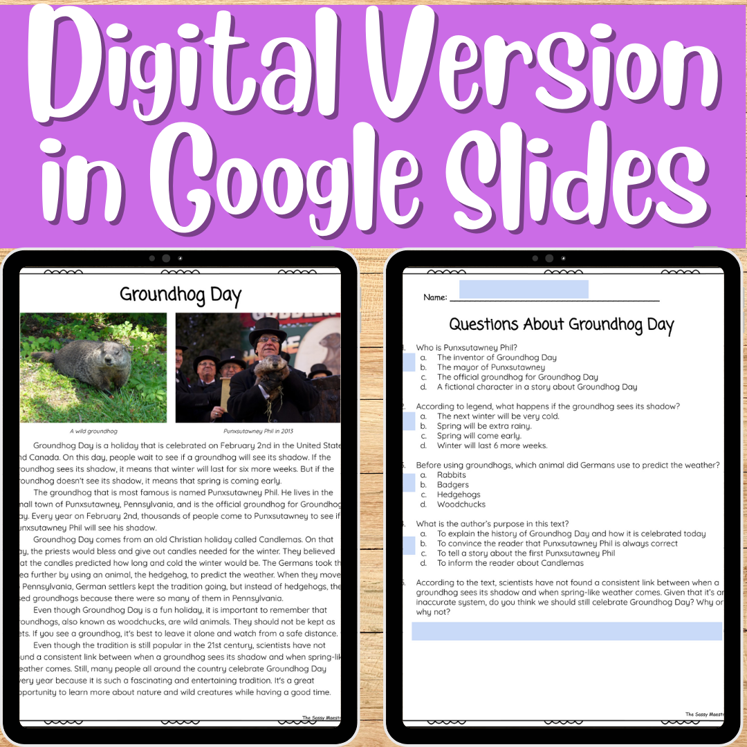 Groundhog Day Reading Passage Print & Digital for 3rd, 4th, 5th, and ...