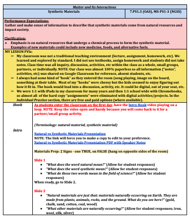 7th Science Lesson Synthetic Materials OAS 7.PS1.3 NGSS MS-PS1-3 | Made ...
