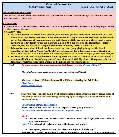 7th Science Lesson Conservation of Mass OAS 7.PS1.5 NGSS MS-PS1-5 ...