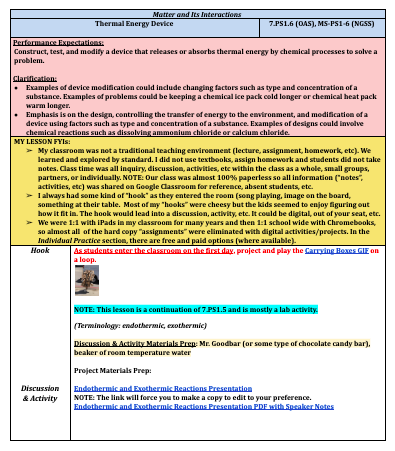 7th Science Lesson Thermal Energy Device OAS 7.PS1.6 NGSS MS-PS1-6 ...