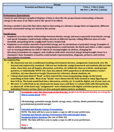 7th Science Lesson Potential/Kinetic Energy 7.PS3.1 7.PS3.2 MS-PS3-1 MS ...