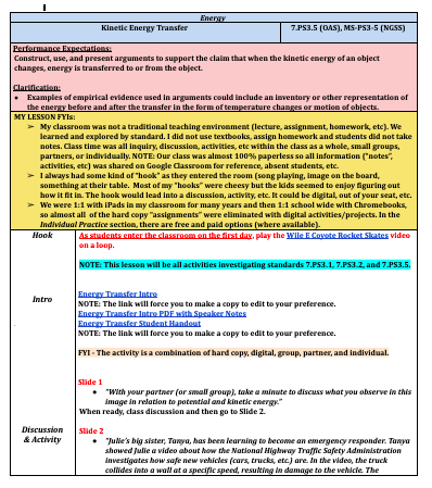 7th Science Lesson Kinetic Energy Transfer OAS 7.PS3.5 NGSS MS-PS3-5 ...