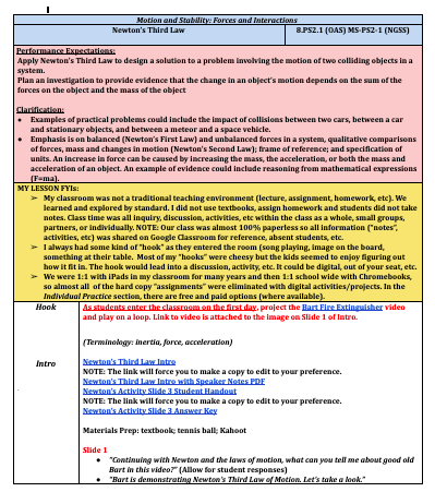 8th Science Lesson Newton's Third Law OAS 8.PS2.1 NGSS MS-PS2-1 | Made ...