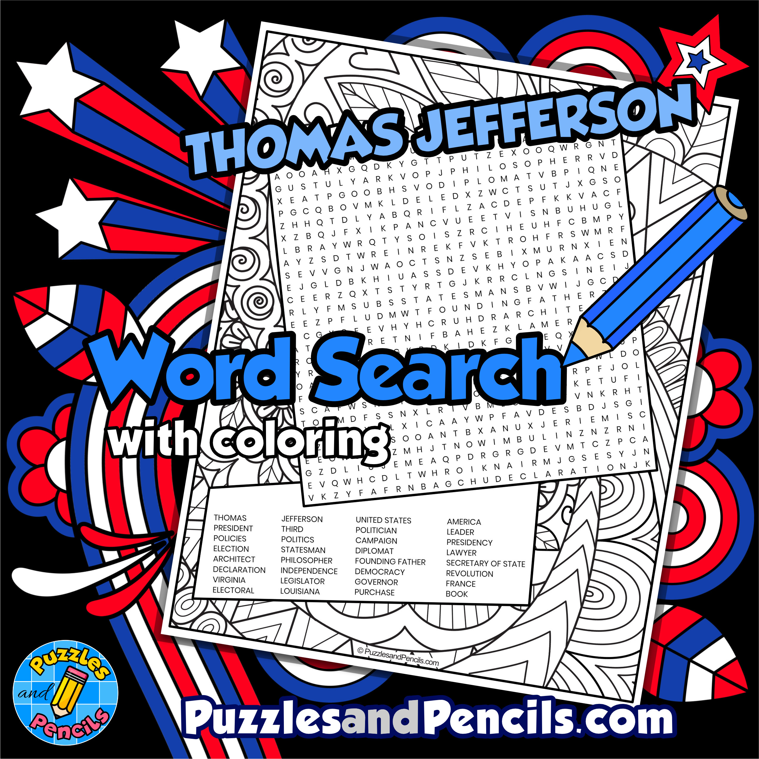 Thomas Jefferson Word Search Puzzle Activity | US Presidents Wordsearch ...