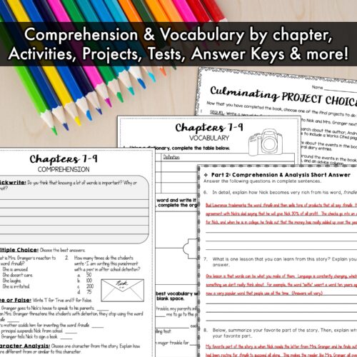 Frindle Novel Study Unit | Comprehension and Vocabulary with Activities ...