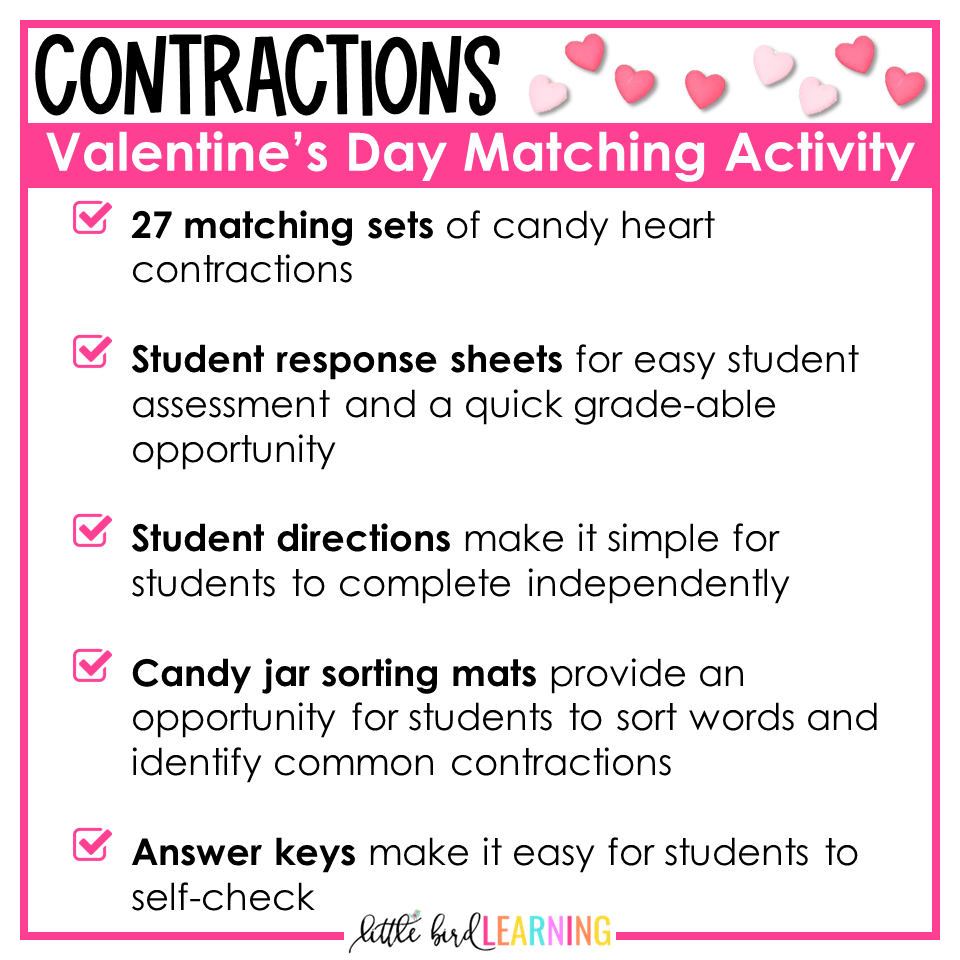 Valentine's Day Contractions Matching Game | Candy Heart Contractions ...