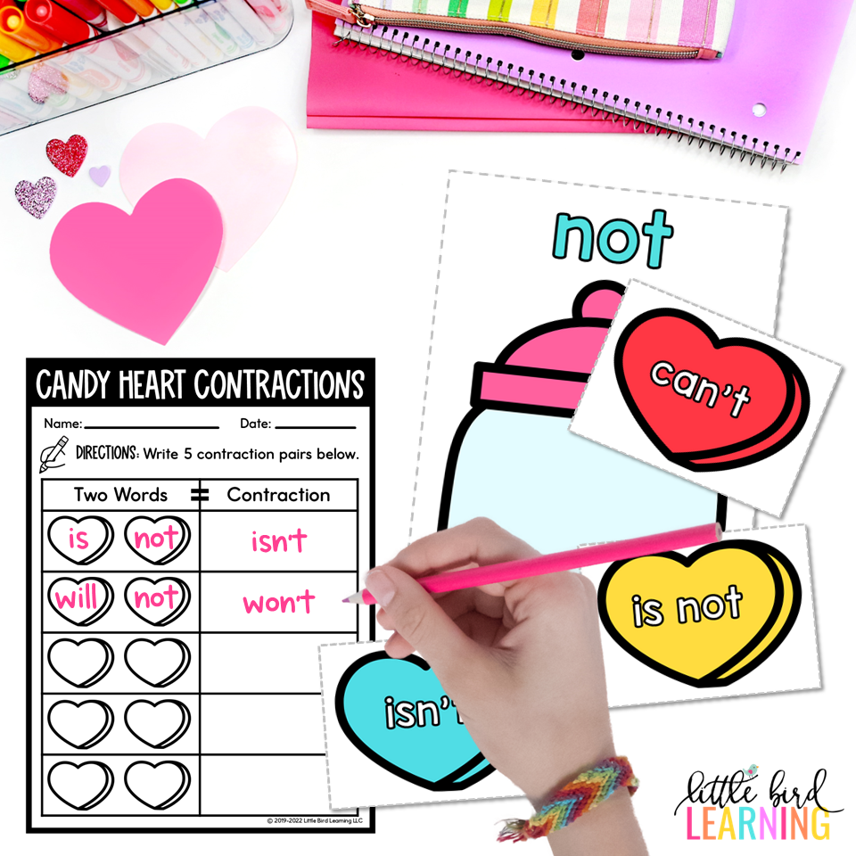 Valentine's Day Contractions Matching Game | Candy Heart Contractions ...