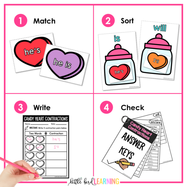 Valentine's Day Contractions Matching Game | Candy Heart Contractions ...