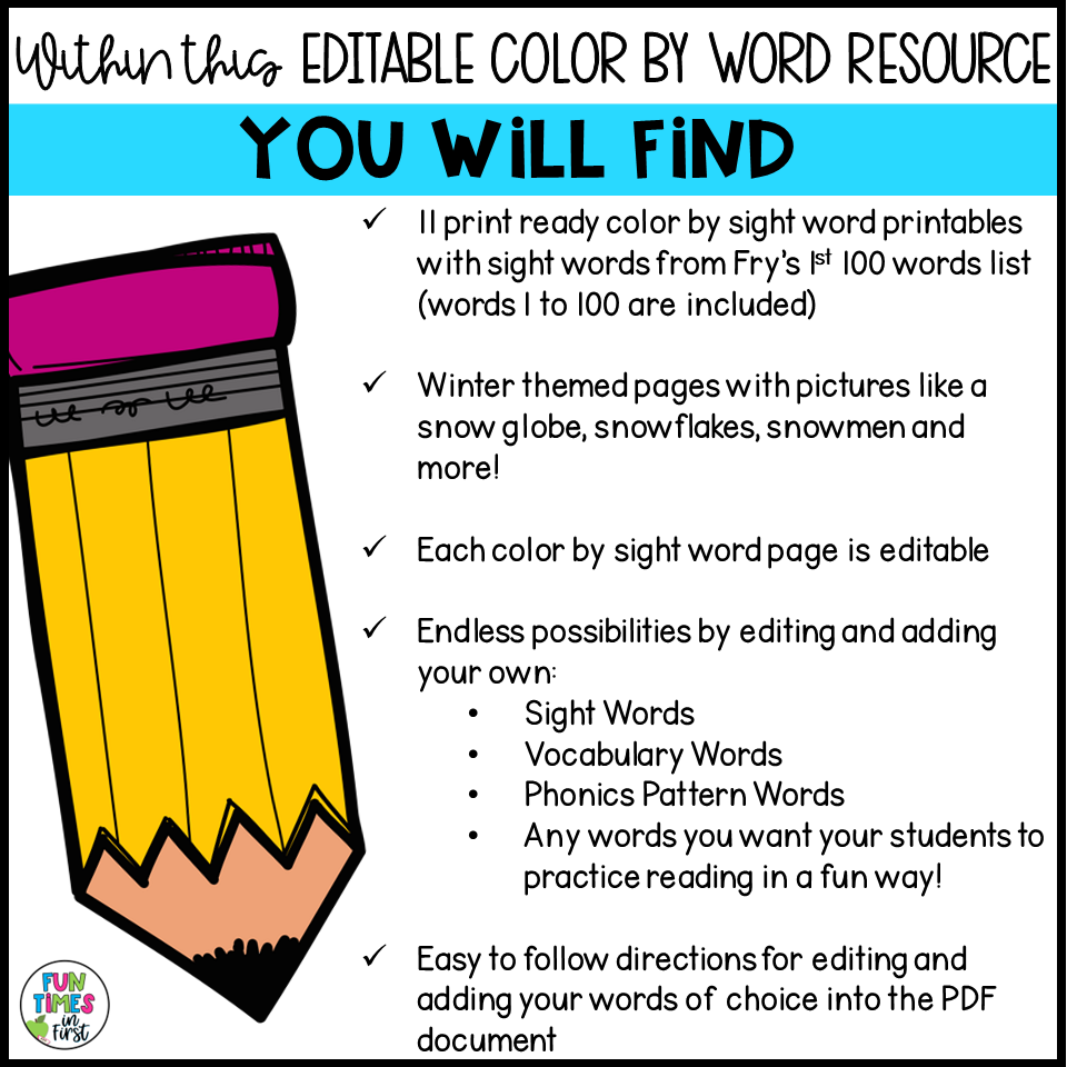 Winter Color By Sight Word Coloring Pages - Editable Sight Word ...