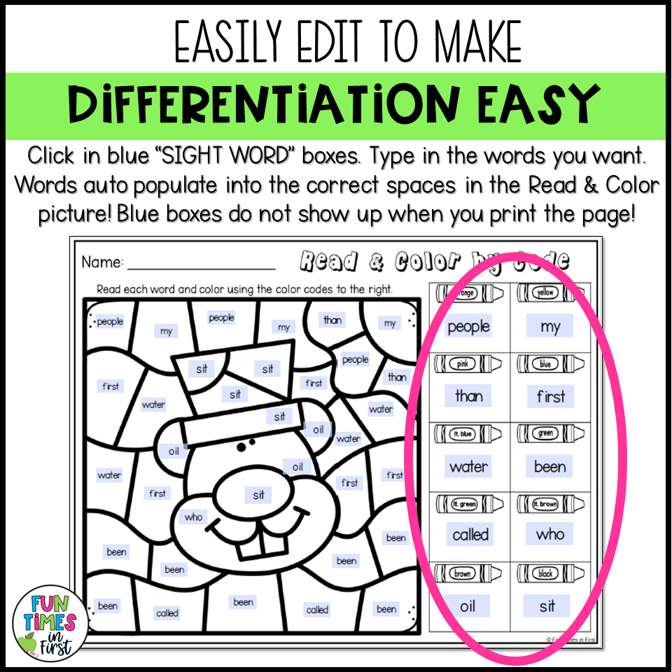 Groundhog Day Color By Sight Word Coloring Pages - Editable Sight Word ...