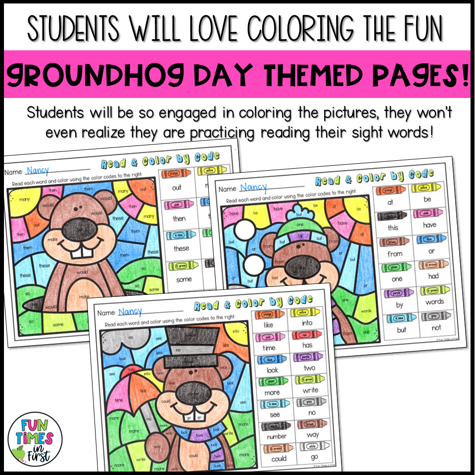 Groundhog Day Color By Sight Word Coloring Pages - Editable Sight Word ...
