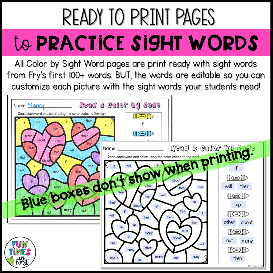 Valentine's Day Color By Sight Word - Editable Sight Word Coloring ...