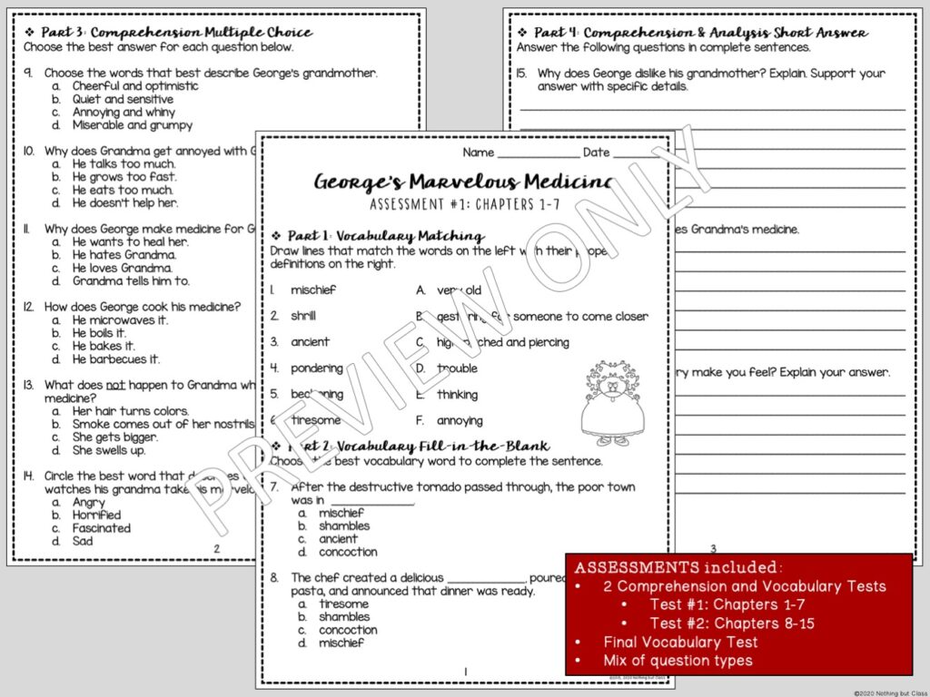 George's Marvelous Medicine Novel Study | Comprehension and Vocabulary ...