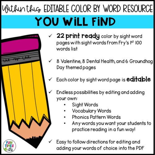 February Color by Sight Word Bundle - Editable Sight Word Coloring ...
