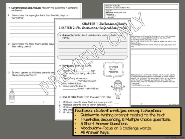 Matilda Novel Study Unit | Comprehension and Vocabulary with Activities ...