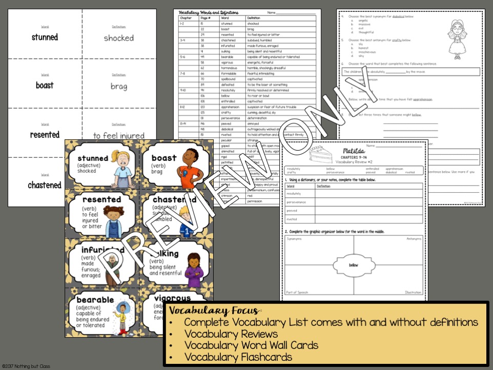 Matilda Novel Study Unit | Comprehension and Vocabulary with Activities ...