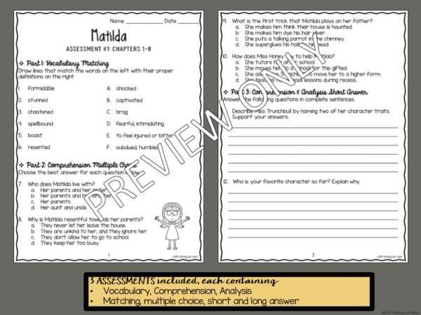 Matilda Novel Study Unit | Comprehension and Vocabulary with Activities ...