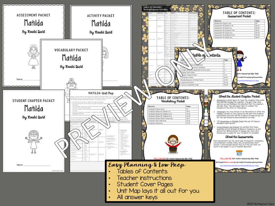 Matilda Novel Study Unit | Comprehension and Vocabulary with Activities ...