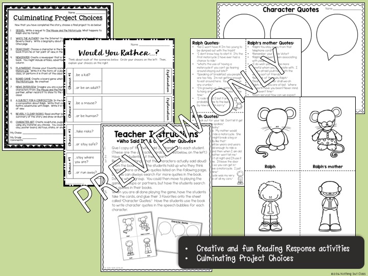 The Mouse and the Motorcycle Novel Study Unit | Comprehension with ...