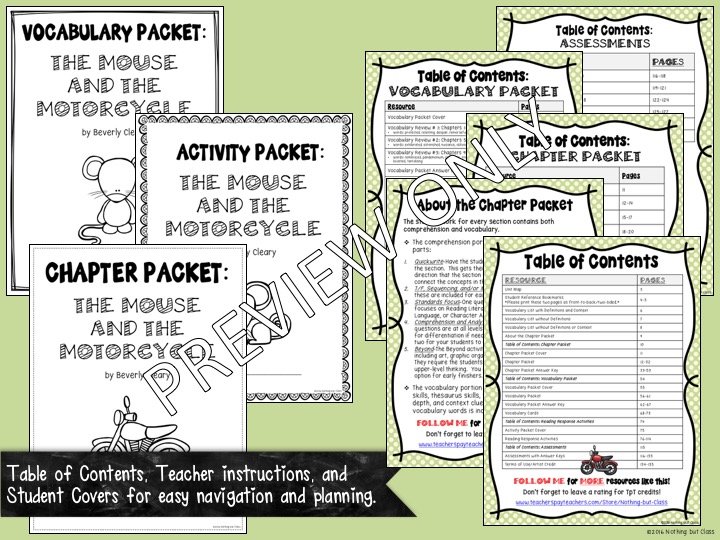 The Mouse and the Motorcycle Novel Study Unit | Comprehension with ...