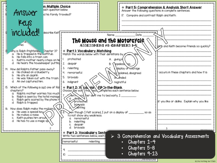 The Mouse and the Motorcycle Novel Study Unit | Comprehension with ...