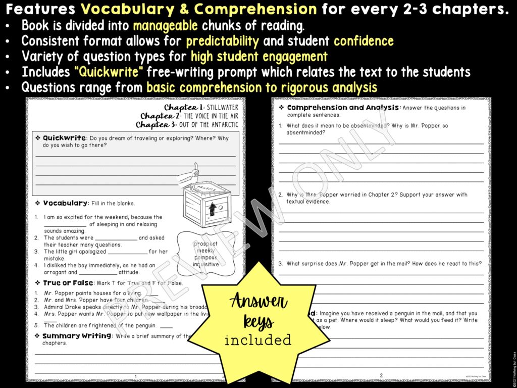 Mr. Popper's Penguins Novel Study Unit | Comprehension with Activities ...