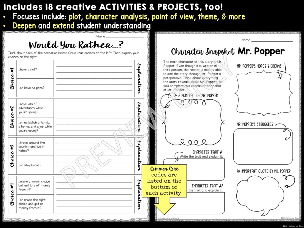 Mr. Popper's Penguins Novel Study Unit | Comprehension with Activities ...
