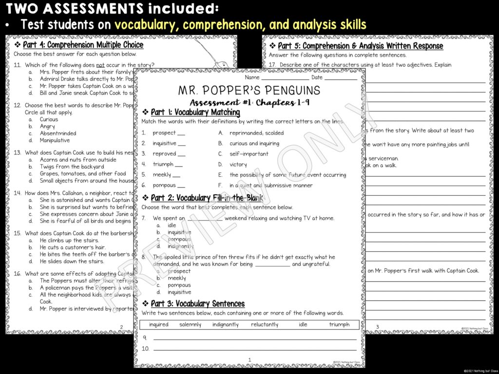 Mr. Popper's Penguins Novel Study Unit | Comprehension with Activities ...