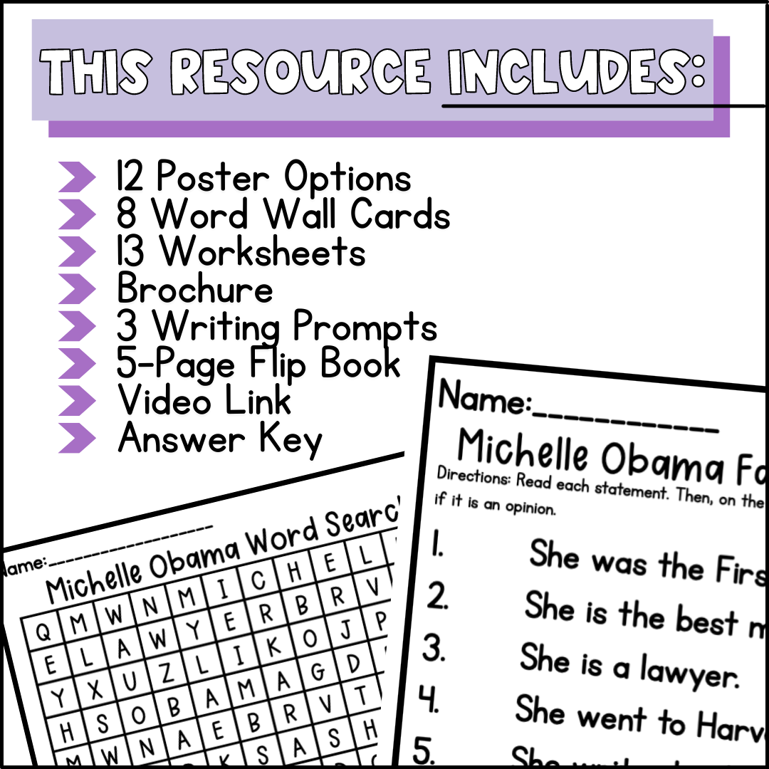 Michelle Obama Biography Activities for Kindergarten, 1st Grade, & 2nd ...