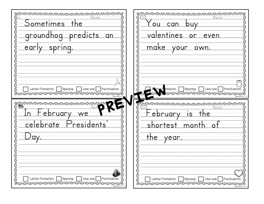 February Copywork - Manuscript Handwriting Practice | Made By Teachers