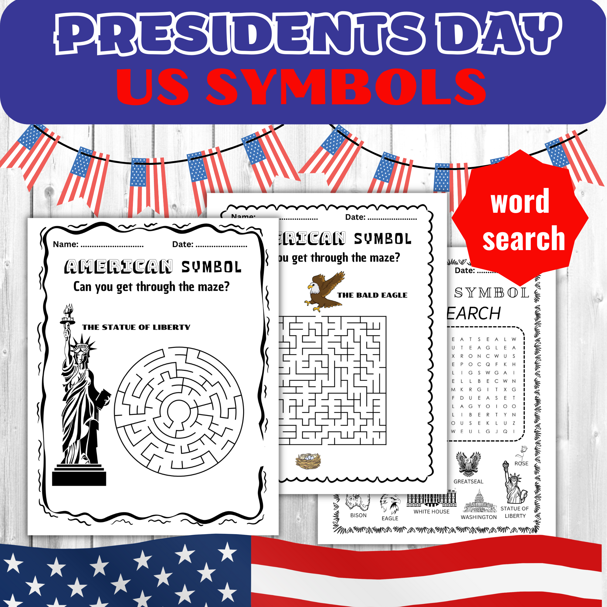 USA PRESIDENT'S DAY and U.S. Symbols WORD SEARCH acitivites for PreK ...